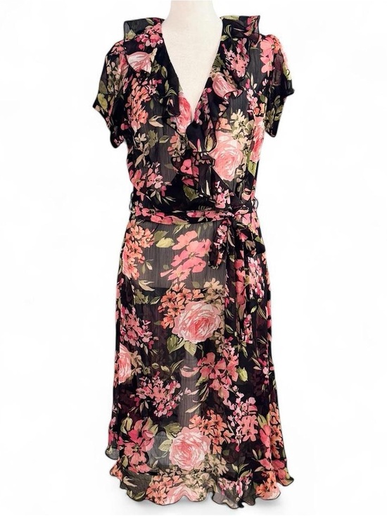 MSK | Dresses | Msk Black Pink Floral Print Chiffon Wrap Midi Dress ...